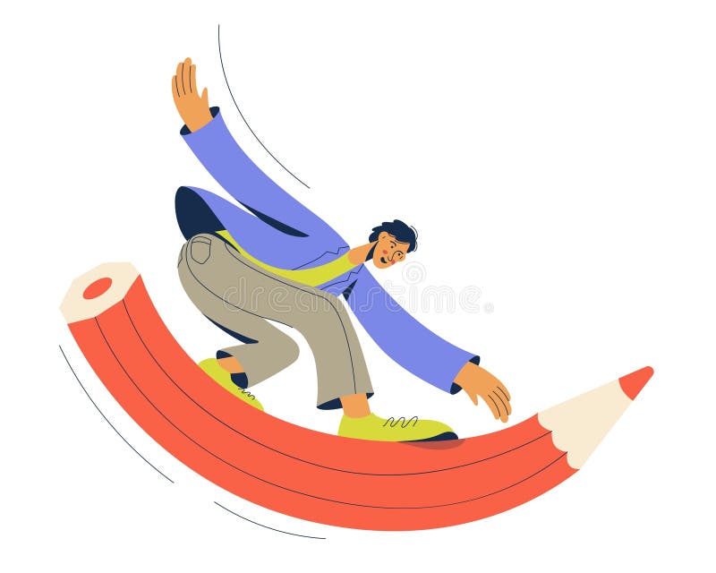 Young Man Flying on Big Pencil. Creativity or Educational Process ...