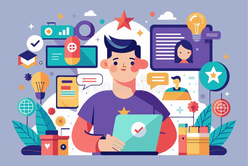 A Young Man is Focused on His Laptop, Surrounded by Vibrant Icons and ...