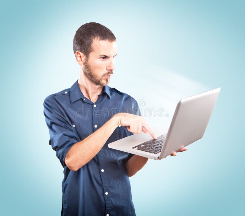 Happy Man with Computer Technology Stock Photo - Image of data ...