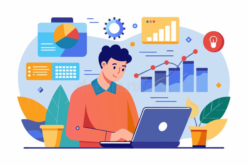A Young Man Focuses on His Laptop, Analyzing Data while Colorful Graphs and Charts Illustrate ...