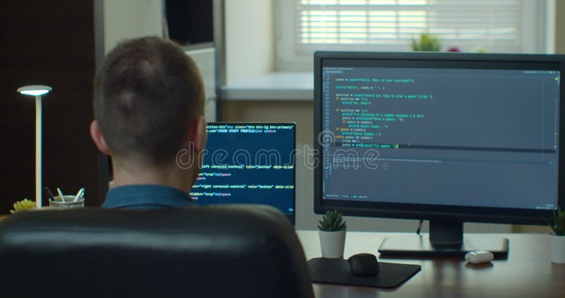 Man Coding Html And Programming On Screen Monitors Development Web Developer Stock Video