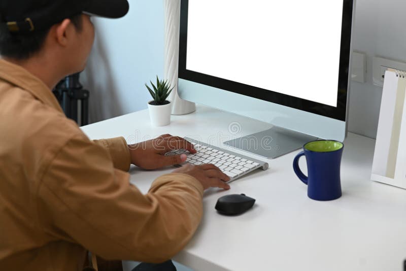 Man Freelancer Concentrate Working on Computer while Sitting at Modern ...