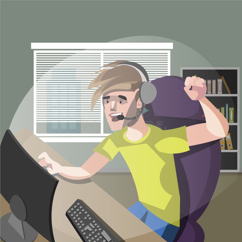 Young Man Gamer Playing Computer Games Stock Vector - Illustration of ...