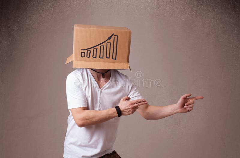 Young Man Gesturing with a Cardboard Box on His Head with Diagram Stock ...