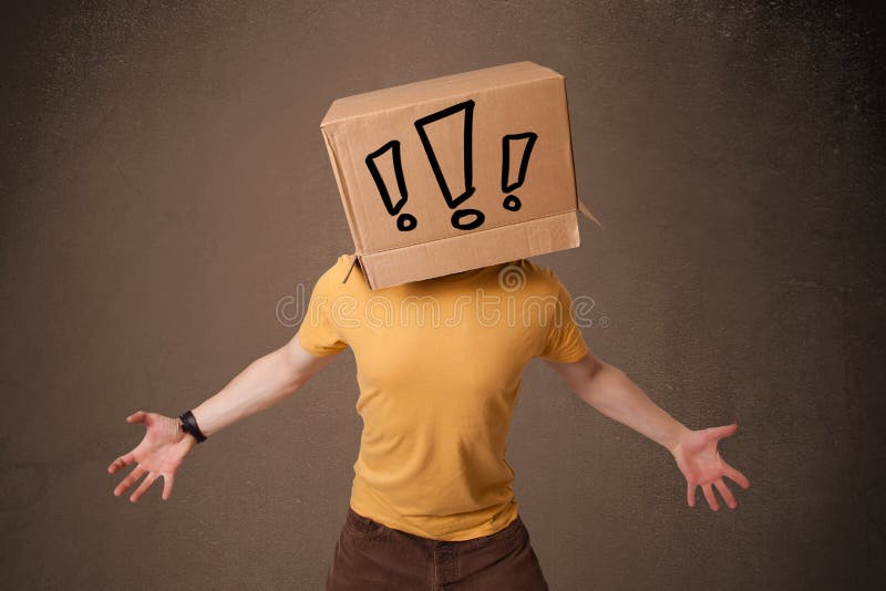 Young Man Gesturing with a Cardboard Box on His Head with Exclamation ...