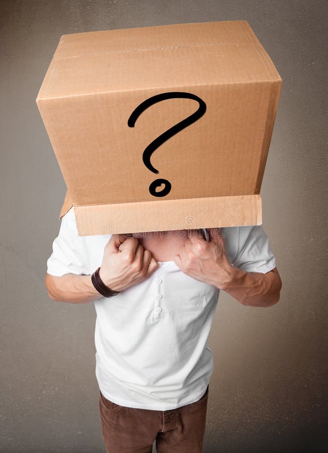 Young Man Gesturing with a Cardboard Box on His Head with Question Mark ...
