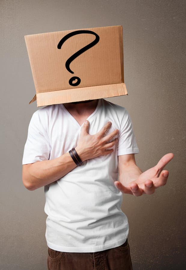 Young Man Gesturing with a Cardboard Box on His Head with Question Mark ...