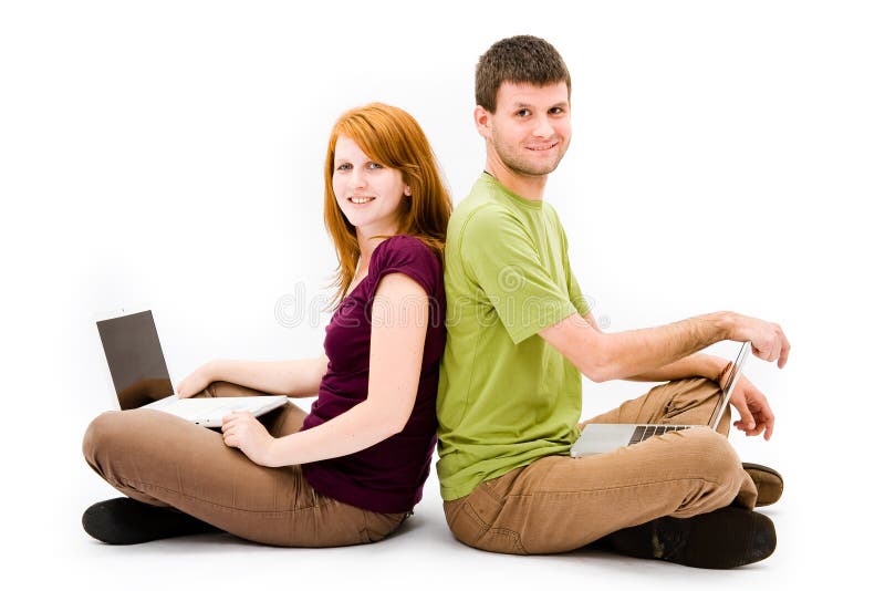 Young Man and Girl with Laptop Computer Stock Photo - Image of male ...