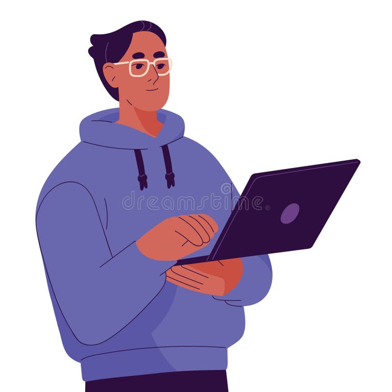 Young Man in Glasses Holds Laptop. Professional Programmer Writing Code Stock Vector ...