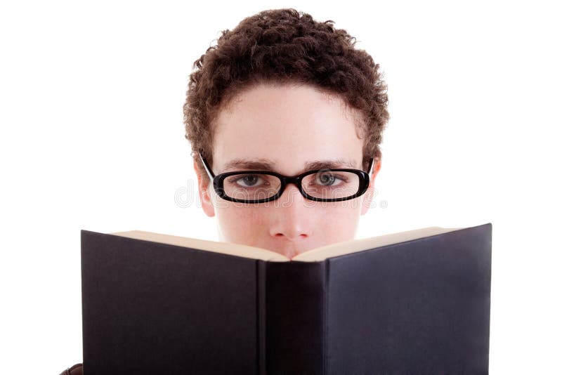 Young Man with Glasses, Peering Over an Open Book Stock Photo - Image ...