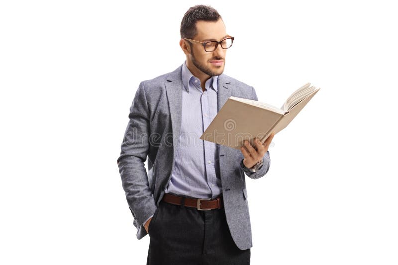 Young Man with Glasses Standing and Reading a Book Stock Image - Image ...