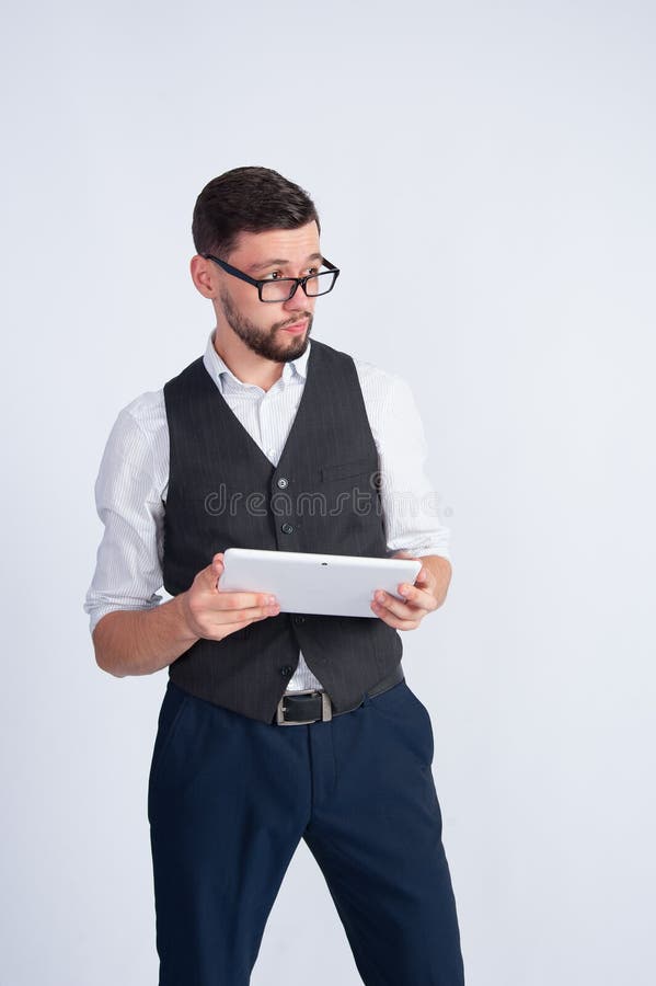 Young Man with Glasses Standing with Tablet Stock Photo - Image of ...