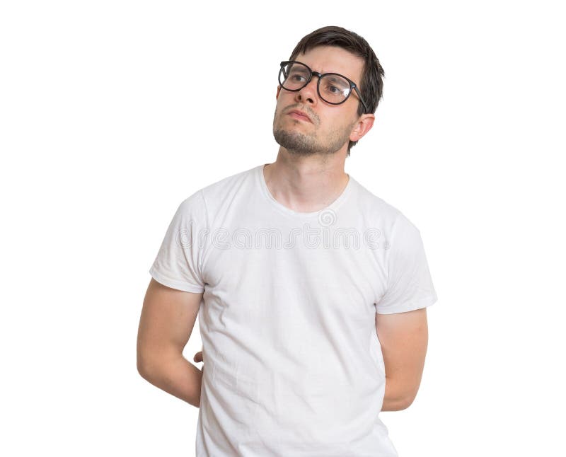 Young Man with Glasses is Thinking. Isolated on White Background Stock ... Young Man with Glasses is Thinking. Isolated on White Background Stock ...