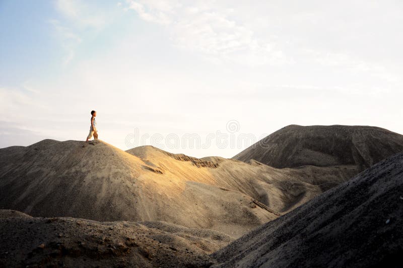 Young Man Go Up in Sand Desert Stock Image - Image of view, male: 10590063