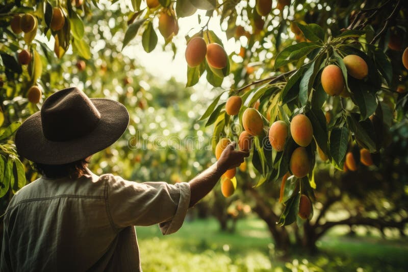 Young Man in a Green Garden Picking a Ripe Mango from a Mango Tree. AI ...