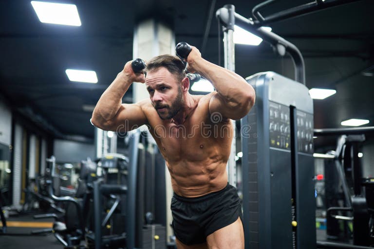 Young Man in Gym Training Pulling Weight Stock Photo - Image of ...