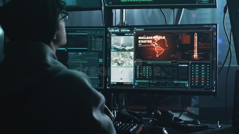 Young Man Hacking Nuclear Bomb Launch Stock Image - Image of digital ...