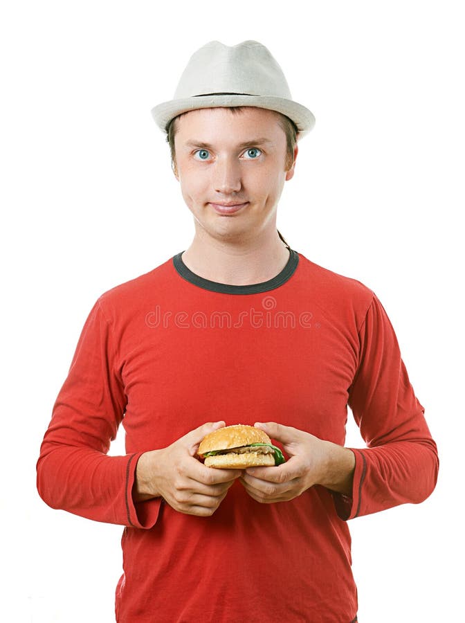 Young man with hamburger stock image. Image of cheeseburger - 31804505
