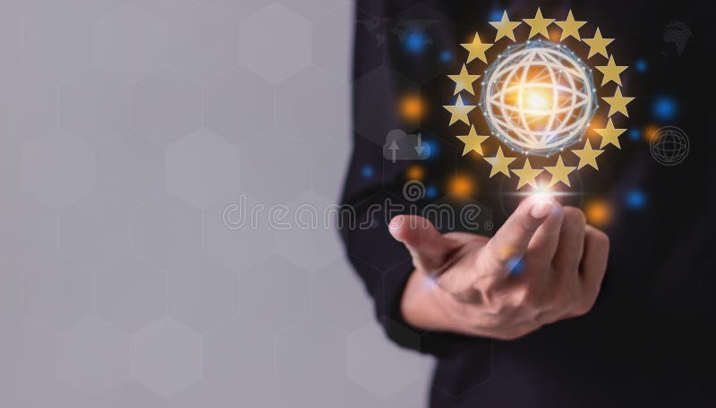 Young Man Hand Holding Globe Virtual Connect Via Wireless Internet in a ...