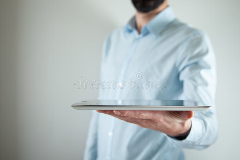 Young Man Hand Holding Tablet. Stock Image - Image of white, technology ...