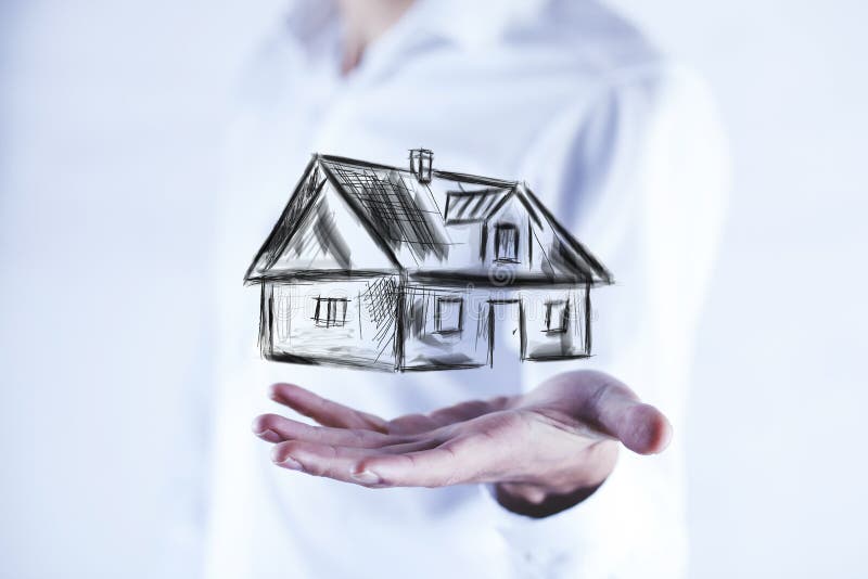 Young Man Hand House Model in Screen Stock Image - Image of building ...