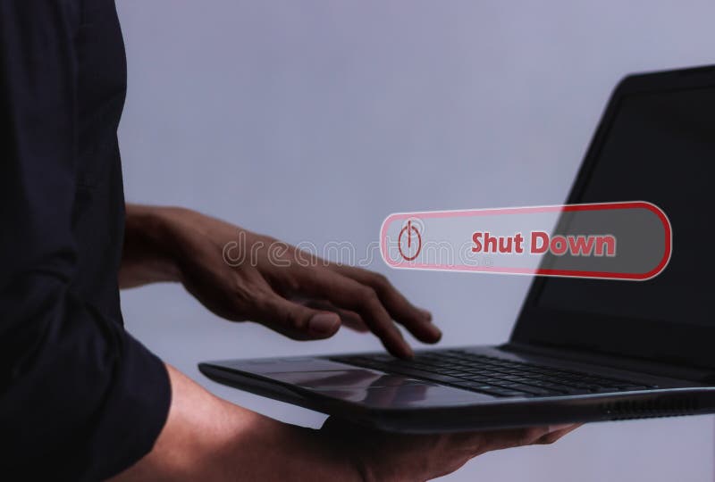 Young Man Hand Touching Laptop Shut Down Button Stock Image - Image of ...