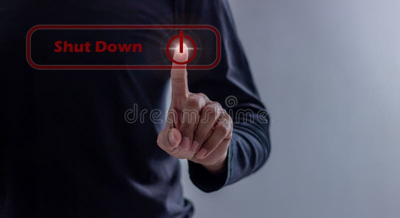 Young Man Hand Touching Shut Down Button Stock Image - Image of logo ...