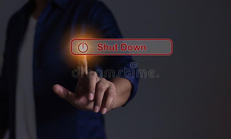 Young Man Hand Touching Shut Down Button Press Power OFF. Stock Image ...