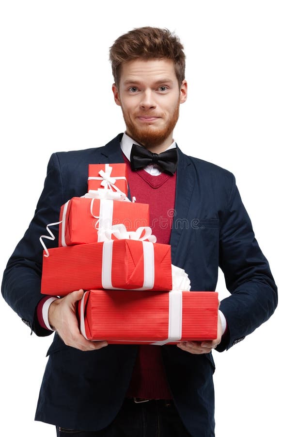 Young Man Hands a Lot of Christmas Presents Stock Image - Image of ...