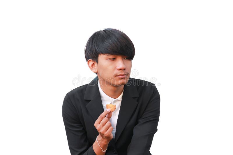 Young Man Handsome Eat Cookie Small Pieces on White Background Stock ...
