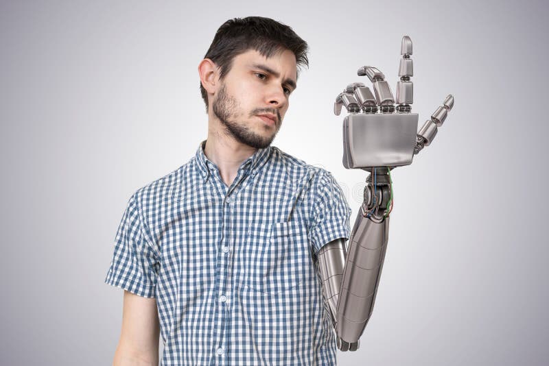 Young Man Have Robotic Hand As a Replacement for His Hand. 3D Rendered ...