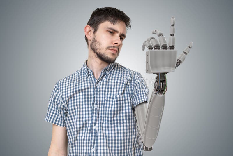 Young Man Have Robotic Hand As a Replacement for His Hand. 3D Rendered ...