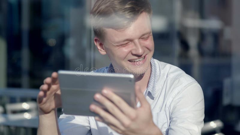 Young Man Having a Video Call on Mobile Tablet Screen Talking Stock ...
