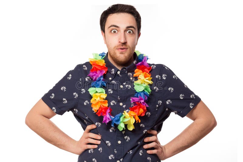 Young Man in Hawaiian Outfit, Impatient Expression Stock Photo - Image ...