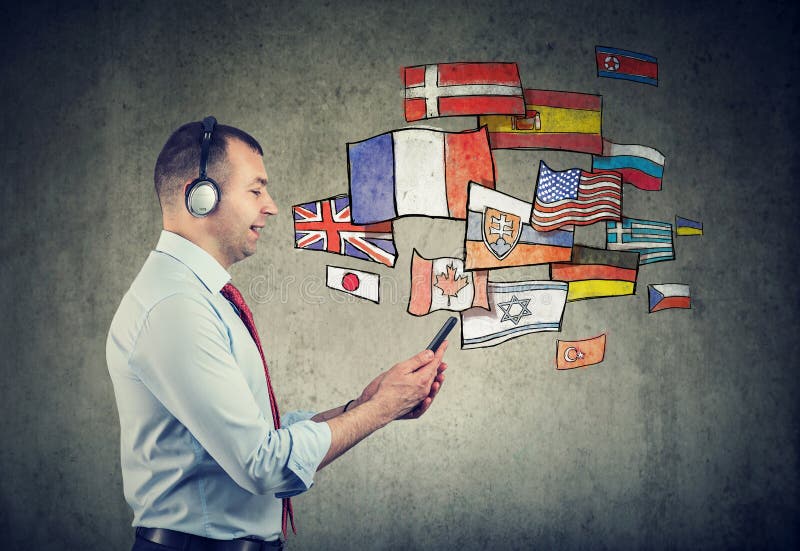 Young Man in Headphones Learning Different Languages Stock Image ...