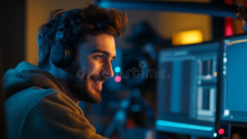 Young Man with Headphones Smiling in Dark Room Coding with Multiple ...