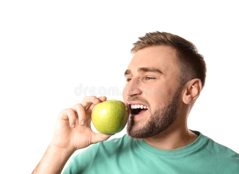 Young Man with Healthy Teeth and Apple on White Stock Image - Image of ...