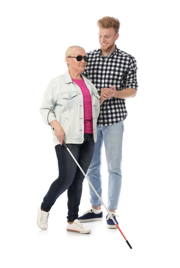 Young Man Helping Blind Person with Long Cane on White Stock Photo ...