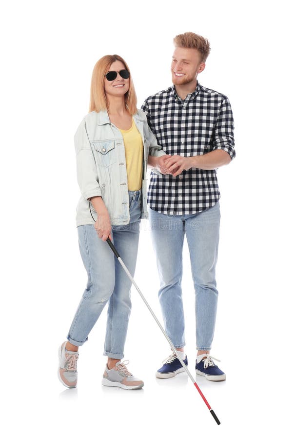 Young Man Helping Blind Person with Long Cane on White Stock Image ...
