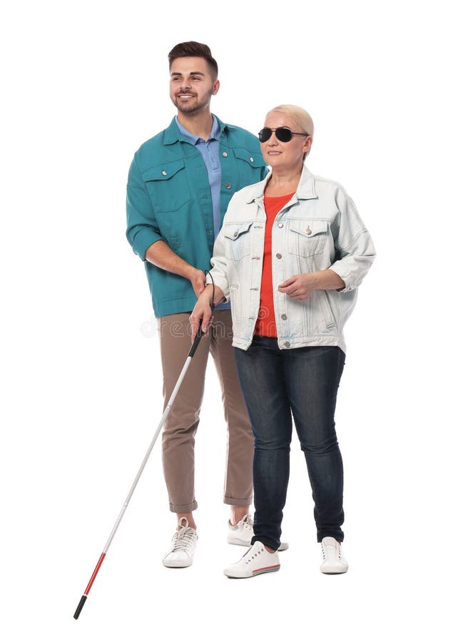 Young Man Helping Blind Person with Long Cane on White Stock Photo ...
