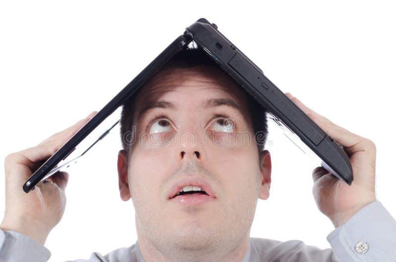 Young Man Hiding Below Open Laptop Computer Stock Image - Image of ...