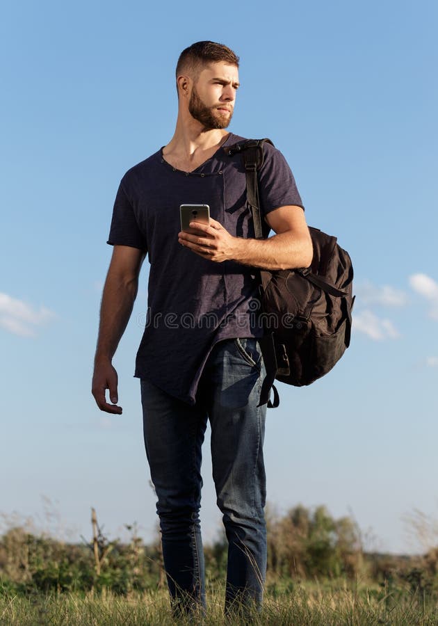 Young Man on Hike in Nature Using Phone Stock Photo - Image of casual ...