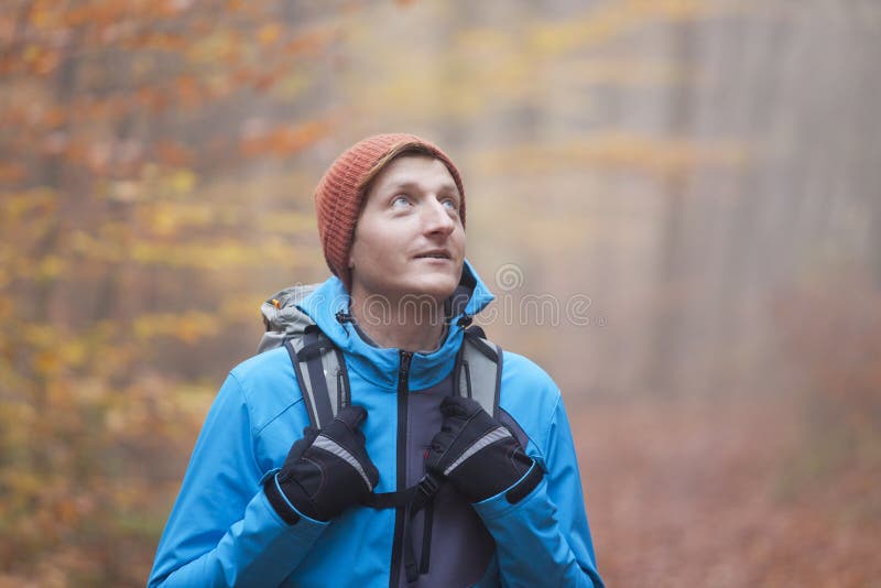 Young Man Hiking with Backpack in a Forest in Fall Stock Photo - Image ...