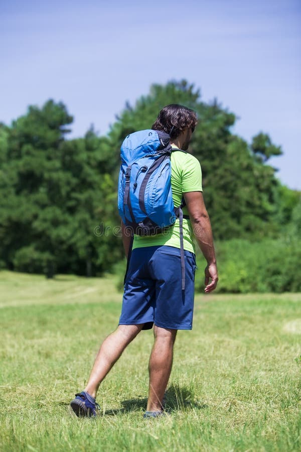 Young Man Hiking at Green Nature Stock Photo - Image of travel ...