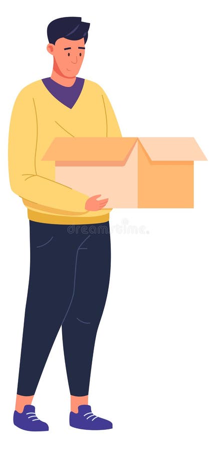 Young Man Hold Open Cardboard Box. Person with Package Stock Vector ...