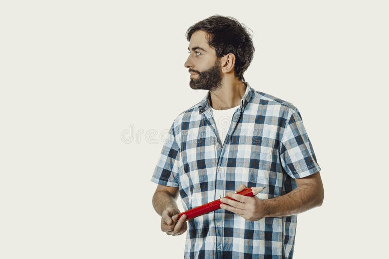 Young Man Holding Big Red Pencil. Stock Image - Image of handwriting ...