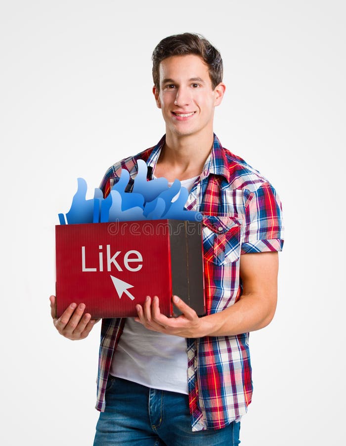 Young Man Holding a Box of Likes Stock Photo - Image of generation ...