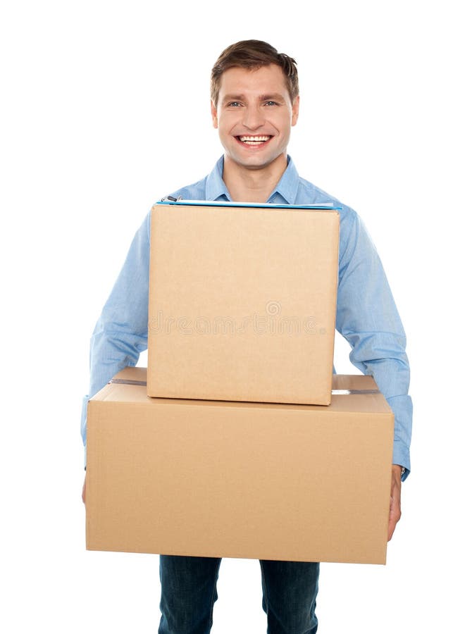 Young Man Holding Cardboard Boxes Stock Image - Image of cartons ...