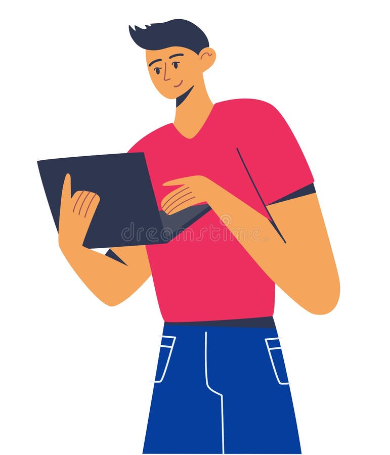 Young Man is Holding a Computer in His Hands. Business Communication ...