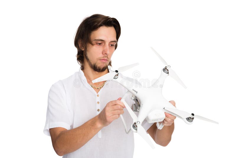Young Man Holding a Flying Drone with the Camera Stock Image - Image of ...